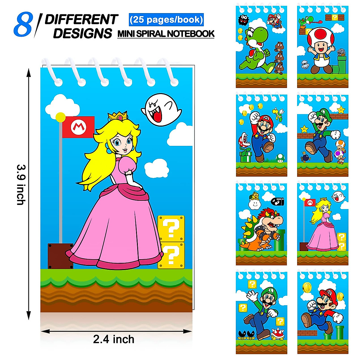 Mario Birthday Party Supplies, 24Pcs Mini Notepads for Mario Birthday Party Favors, Goodie Bag Stuffers, Children Classroom Rewards, 8 Types