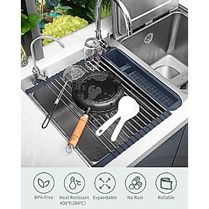 TREANY Expandable Roll Up Dish Drying Rack with Utensil Holder,Over The Sink Dish Drainer,304 Stainless Steel,Multipurpose,Best Gadget for Many Kitchen Task (14.5'' x 22.3'', Grey)