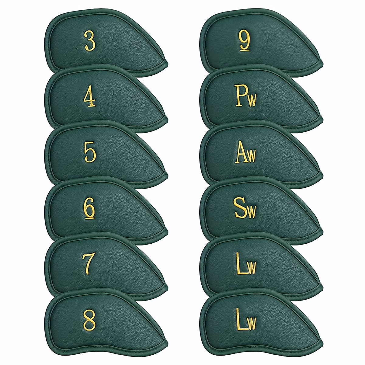 CRAFTSMAN GOLF 12pcs Thick Synthetic Leather Green Golf Iron Head Covers Set Headcover Fit All Brands Callaway Ping Taylormade Cobra Etc. (12pcs Green with Gold No.for Right)
