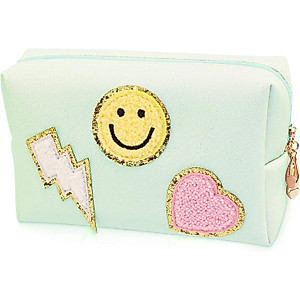 dark swan Preppy Makeup Bag Patch Smile Lightning Heart PU Leather Portable Waterproof Travel Makeup Bag Organizer Travel Accessories Makeup Bag Purse for Women Mint Green