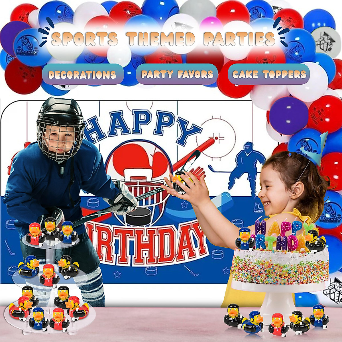 Sports-Themed Rubber Duckies - Rubber Ducky Bath Toy Set, 2" Hockey, Baseball, Football, Basketball, and Soccer Mini Rubber Ducks - Durable Mini Ducks for Kids of All (Hockey - Pack of 12)