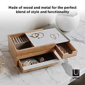 Umbra Stowit Jewelry Box - Modern Keepsake Storage Organizer with Hidden Compartment Drawers for Ring, Bracelet, Watch, Necklace, Earrings, and Accessories (White / Natural)