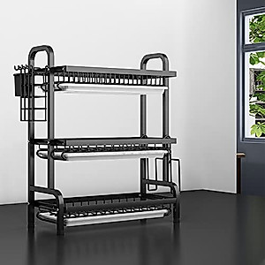 Dish Drying Rack, 3-Tier Large Capacity Kitchen Dish Rack Drainboard Set,Carbon Steel Dish Drainer Rack with Drip Tray & Utensil Holder, Cutting Board Holder and Dish Drainer for Kitchen (Black)