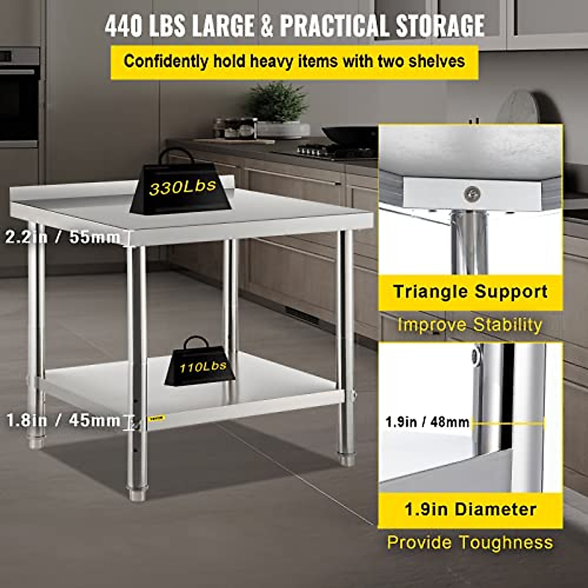 VEVOR Stainless Steel Prep Table, 36 x 24 x 35 Inch, 440lbs Load Capacity Heavy Duty Metal Worktable with Backsplash and Adjustable Undershelf, Commercial Workstation for Kitchen Restaurant