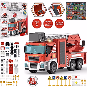 Building Fire Truck Toys - 95 Pcs DIY Assembly Fire Truck STEM Toy with Drill, Push & Go Friction Power Lights & Sounds for Kids- Take Apart Vehicle Fire Trucks for Boys Ages 4 5 6 7 8 Years Old