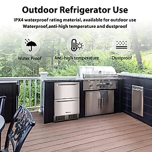 24 Inch Indoor Under Counter Drawer Fridge Stainless Steel Undercounter Refrigerator Freestanding Outdoor Fridge for Home Built-in Commercial Beverage Refrigerator with Dispenser and Digital Display