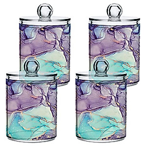 Kigai Blue Purple Marble Texture Qtip Holder Dispenser with Lids 2PCS -Bathroom Storage Organizer Set, Clear Apothecary Jars Food Storage Containers, for Tea, Coffee, Cotton Ball, Floss