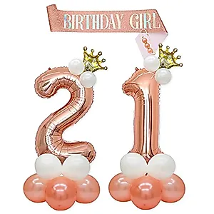 Rose Gold 21st Birthday Party Decorations Large Digital 21 Balloon Number with Birthday Girl Sash for Girls Finally Legal Twenty One Birthday 21st Anniversary Backdrop Decor Supplies