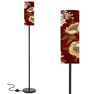 Modern Standing Lamps Peonies hydrangea Floral vintage Gold white bouquets Minimalist Floor Lamp Metal Pole Lamp with Linen Lampshade for Bedroom Living Room Office Nursery Reading Foot Switch