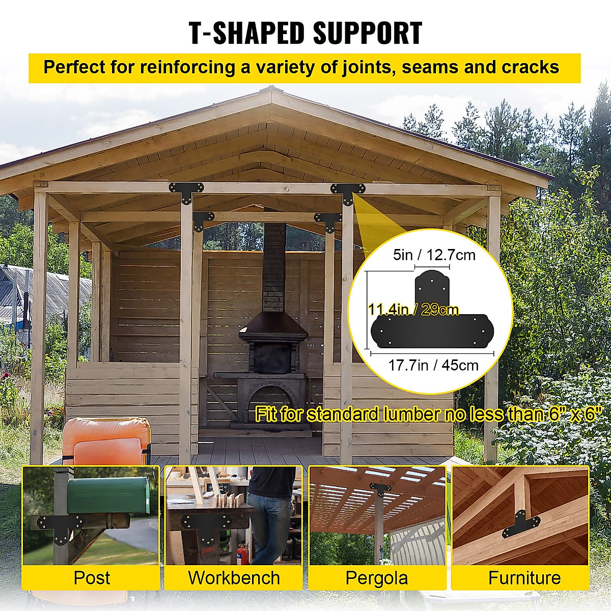 VEVOR Black T Bracket, 6'' x 6'', 8 PCs Black Powder-Coated T Mending Plate, 16 Gauge Steel T-Shaped Tie Flat Connector with Screws Set, Post to Beam Bracket for Repair Wood Furniture