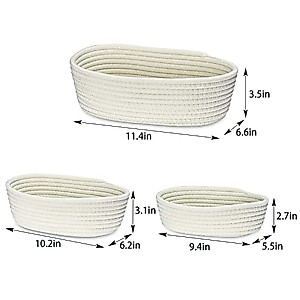 Seaokais Set of 3 Cotton Rope Storage Basket, Small, Oval, White