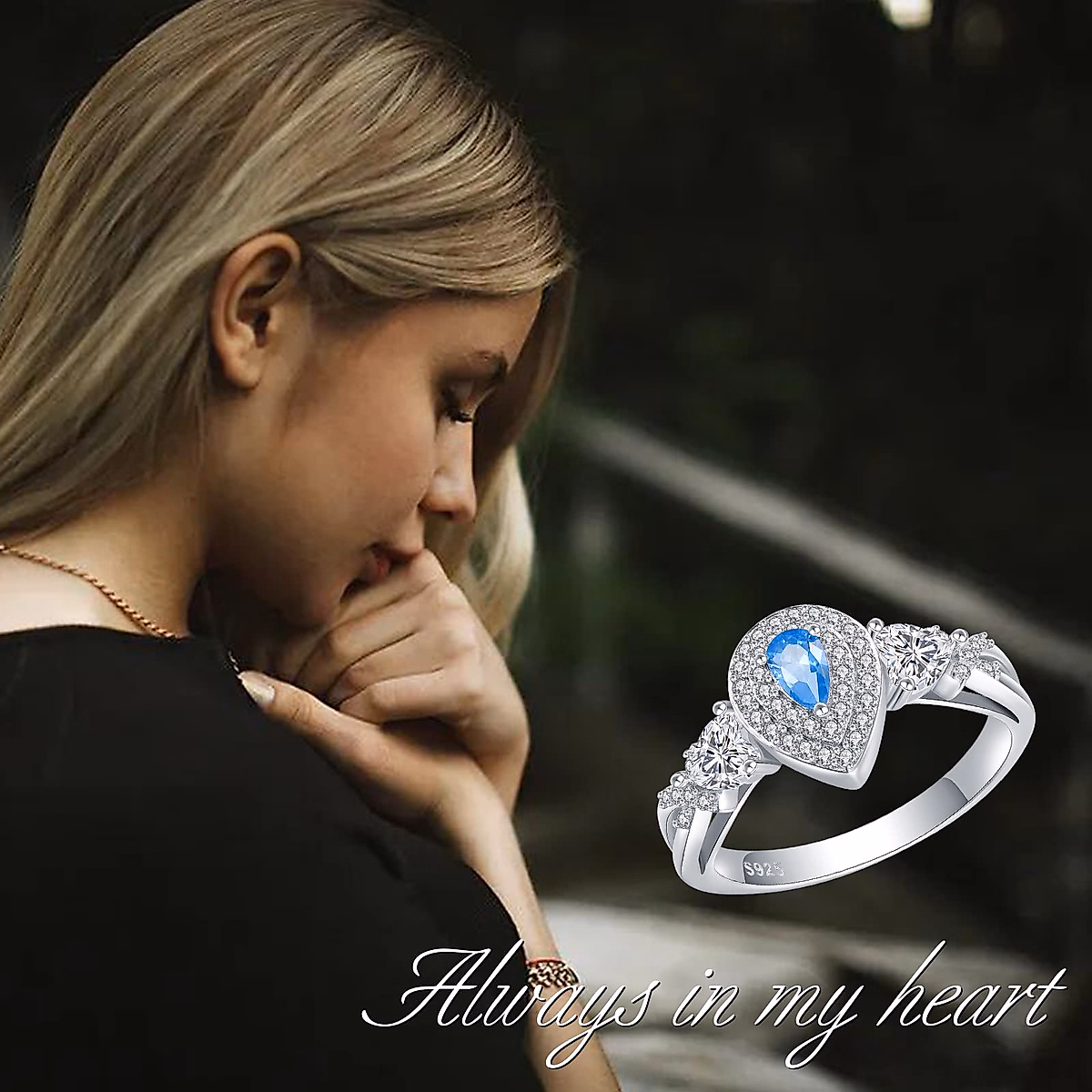 Teardrop Urn Rings for Ashes for Women - 925 Sterling Silver cremation jewelry Keepsake Hold Loved Ones Ashes,Memorial Wedding Ring for Girls (7) (C. Blue-March, 7)