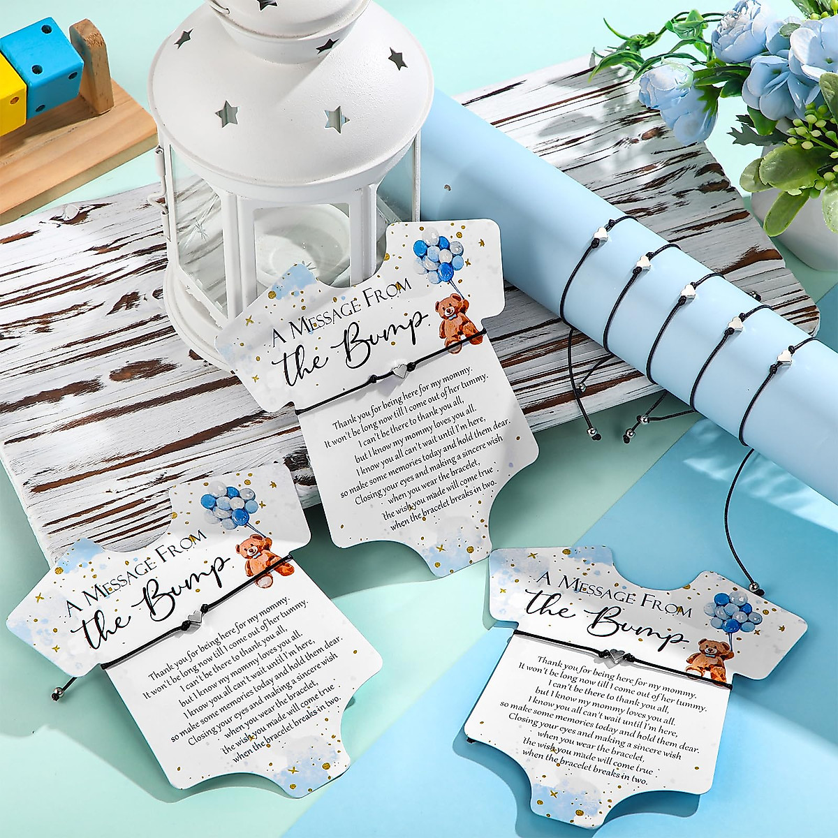 Chuangdi 50 Sets Baby Shower Bracelets Party Favors for Guests a Message from the Bump Adjustable Cute Heart Bracelets Thank You Card Bracelets for Gender Reveal Thank You Gifts(Blue)