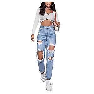 MakeMeChic Women's High Waist Straight Leg Ripped Jeans Distressed Denim Pants Light Wash2 L