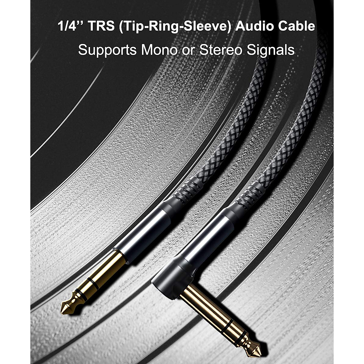 Elebase 1/4 Inch TRS Instrument Cable 10ft 2-Pack,Right-Angled to Straight 6.35mm Male Jack Stereo Audio Cord,6.35 Balanced Interconnect Line for Electric Guitar,Bass,Keyboard,Mixer,Amplifier,Speaker