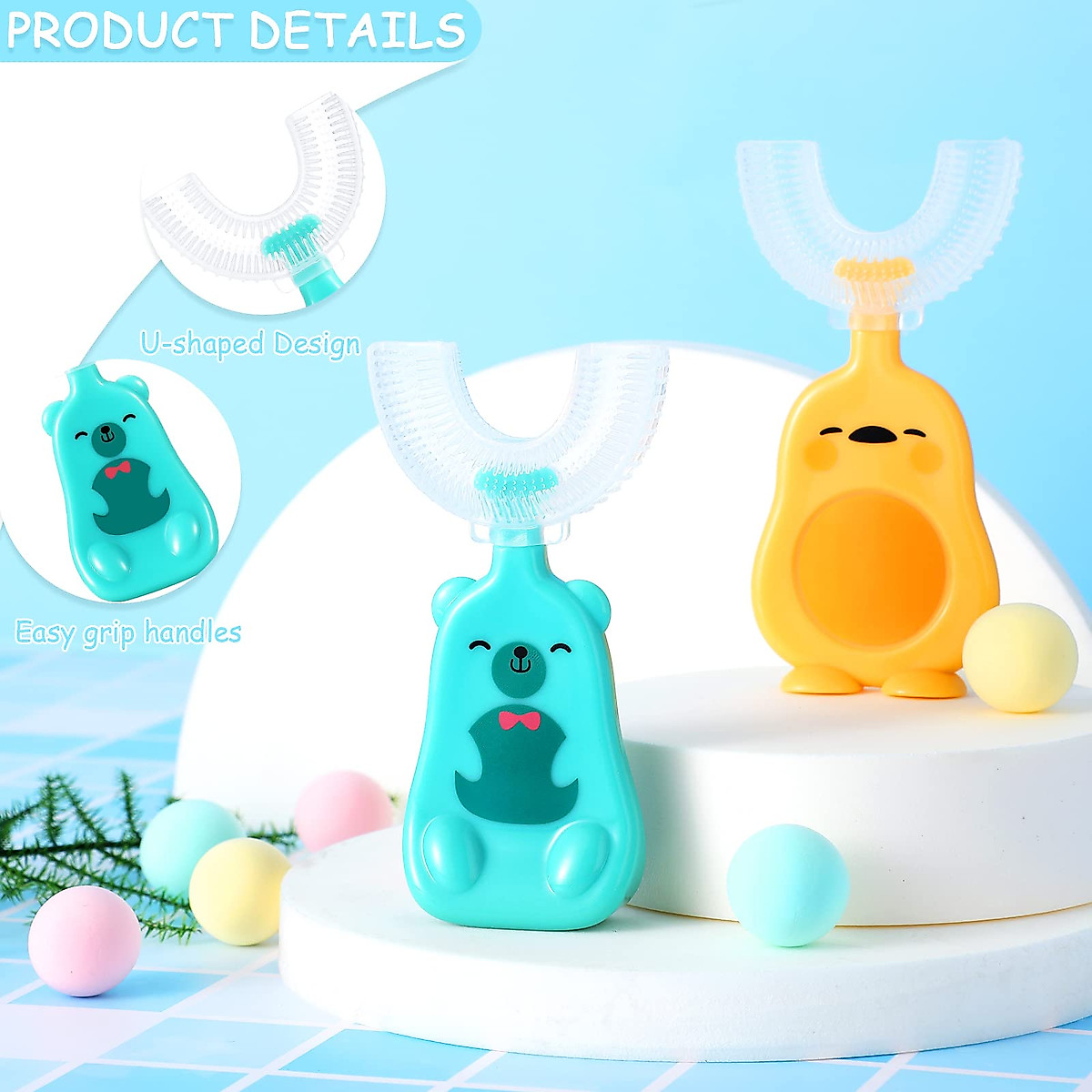 2 Pieces Kids U Shaped Toothbrush 360 Degrees Toddler Toothbrush Soft Silicone Brush Head Tooth Brush U Type Toothbrush for Toddlers Ages 2-6 (Cute Style,2-6 Years)