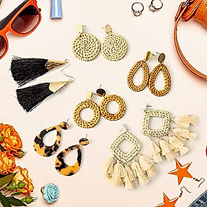 Ponpon 6 Pairs Rattan Earrings, Lightweight Summer Straw Earrings Fashion Geometric Statement Hoop Dangle Drop Zinc Earrings for Women