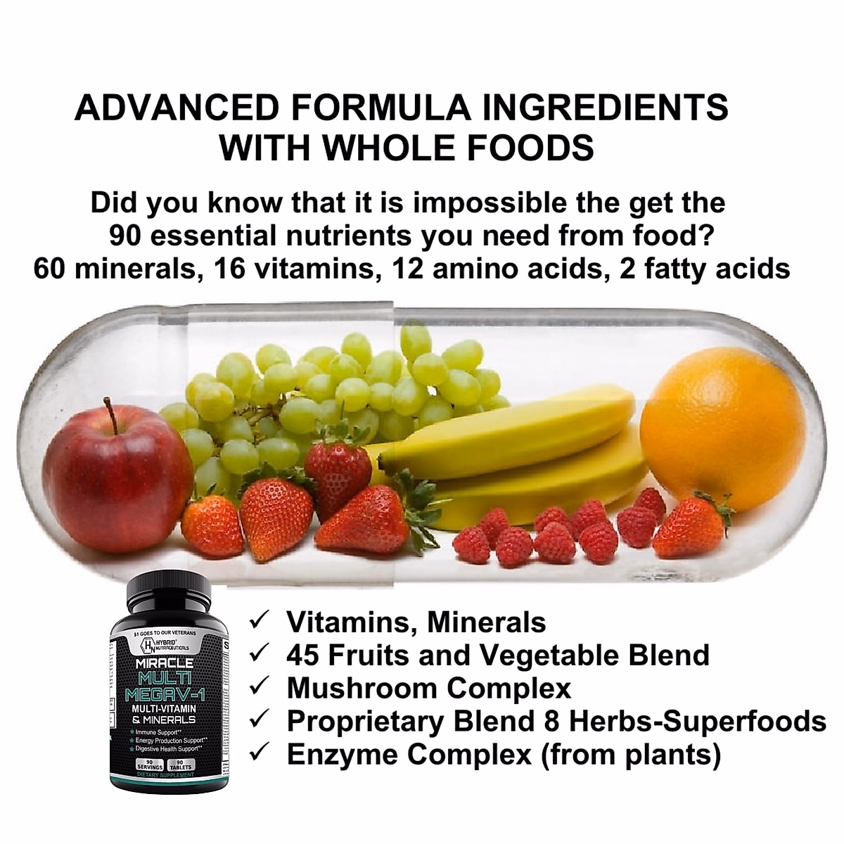 MEGAV-1 Multi-Vitamin, Superfood & Minerals - Daily Multivitamin with Probiotics, Digestive Enzyme, Mushroom Complex for Heart Health, Immune Support, Energy & Stamina: 2-Pack, 180 Tablets