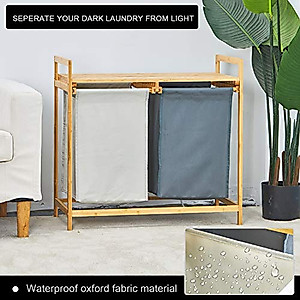 WORTHYEAH Bamboo Laundry Hamper and Shelf, Dual Compartments Laundry Basket with Removable Bag, 2 Sections Laundry Organizer and Storage, Wooden Bamboo Laundry Sorter