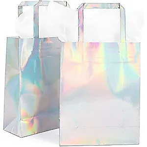 BLUE PANDA Holographic Foil Paper Gift Bags with Handles - 7 x 9 x 3 Inches, 20 Pack