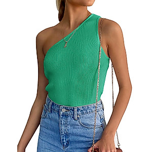 ZESICA Women's One Shoulder Tank Summer Sleeveless T Shirt Ribbed Knit Slim Fit Sexy Casual Basic Tee Tops,Green,Medium