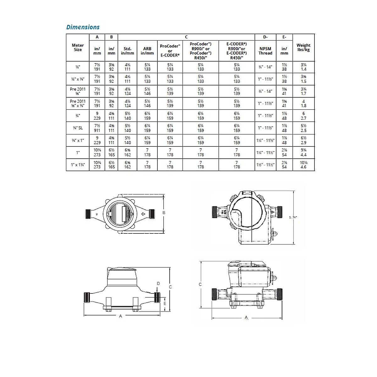 Neptune T-10 3/4" (5/8" x 3/4") Direct Read Bronze Meter w/ Couplings - Measuring in Gallons