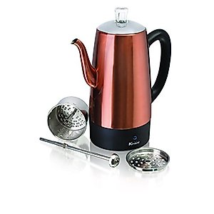 Euro Cuisine PER12 Electric Percolator 12 Cup Stainless Steel Coffee Pot Maker - Copper Finish