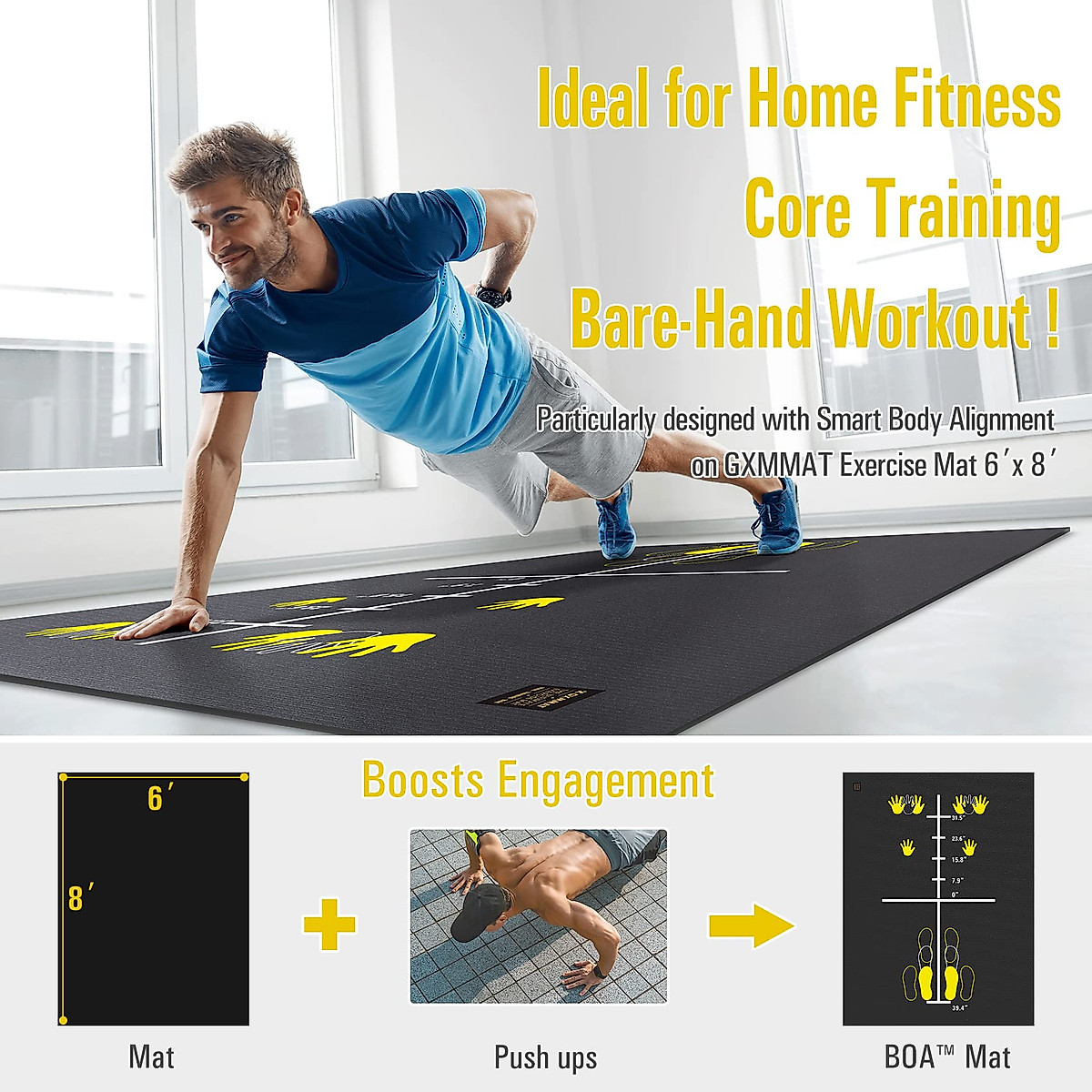 Gxmmat Extra Large Exercise Mat 6'x8'x7mm, Thick Workout Mats for Home Gym Flooring, High Density Non-Slip Durable Cardio Mat, Shoe Friendly, Great for Plyo, MMA, Jump Rope, Stretch, Fitness (BOA)