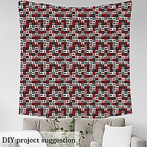Camper Fabric by The Yard Happy Camping Waterproof Outdoor Fabric Vintage Wood Grain Fire Print Upholstery Fabric for Chairs Retro RV Camping Plaid Grid Red Black White Upholstery Fabric,1 Yard