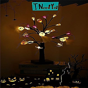 WUYJTIF 1.5FT Black Halloween Tree Lights with 24 Decorated Ghost/Pumpkin/Spider Lights, Timer/Battery Powered Halloween Decorations Indoor Outdoor Suitable for Home, Table, Mantle, Party Decorations