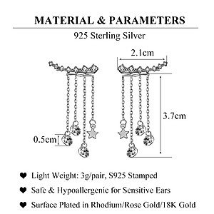 SLUYNZ 925 Sterling Silver 7 Crystals Cuff Earrings Tassell Chain for Women CZ Crawler Earrings Chain Climber Earrings (A-Silver)