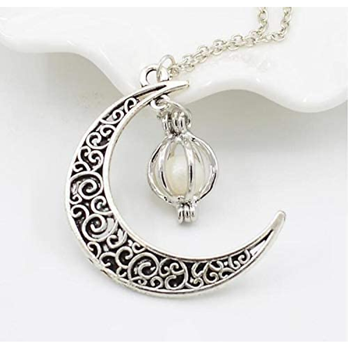 Rckcu Glow in The Dark Silver Crescent Moon and Orb Necklace - Glowing Blue Moon Charm - Magical Fantasy Fairy Glowing Necklace - Glow Jewelry (blue-green)