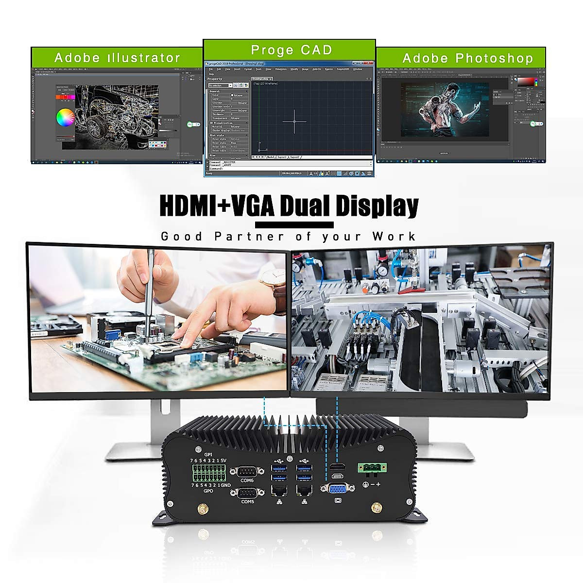 Fanless Industrial Mini PC 64GB RAM 1TB SSD 2TB HDD Windows 10 Pro i7 8550U Mini Desktop Computer Dual Displays HD + VGA, 4K, Dual band WiFi, BT4.0, 2 NIC, GPIO port, 6RS232 COM, Full Metal Case