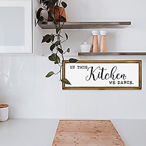 Maoerzai In This Kitchen We Dance Sign,Funny Farmhouse Kitchen Sign Wall Decor,Rustic Wall Art Kitchen Sign Home Decor Dining Room,Pantry Coffee Wall Decorations. (16 X 6 inch, White- Kitchen-01)