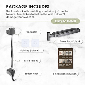 Pysrych No Drill Swivel Towel Rack Wall Mounted 3-Arm Towel Bar ABS Self-adhesive Towel Holder with Hook for Bathroom Shower Kitchen Black