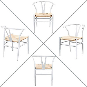 Yaheetech Set of 2 Weave Chair Mid-Century Metal Dining Chair Y-Shaped Backrest Hemp Seat, White