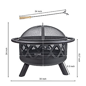Fire Pits 30'' Outdoor Wood Burning Firepit Bowl with Spark Screen Cover Log Grate Fire Poker Steel Round Fireplace for Outside Camping Bonfire Beach Patio Backyard,Black1