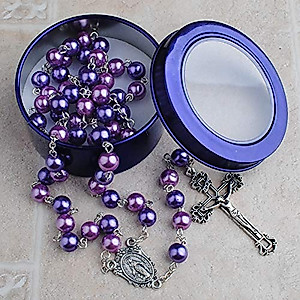 HanlinCC Purple and Pink Glass Pearl Beads Rosary Necklace with Miracuolus Center Piece and Aint-Silver Crucifix with Puprle Metal Gift Box