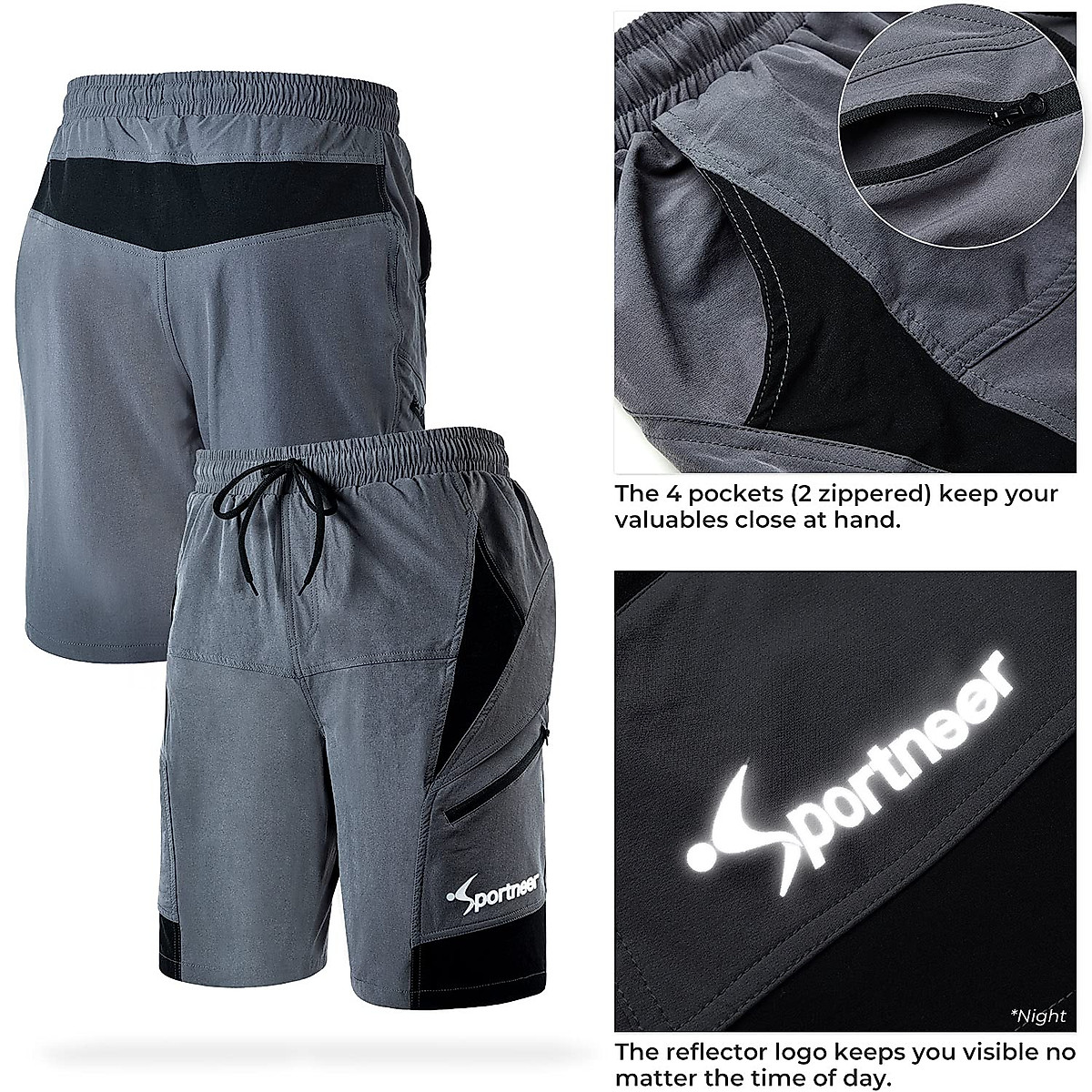 Sportneer Mens Mountain Bike Shorts - 3D Padding MTB Cycling Shorts for Men with Liner and Loose Fit (Medium, Grey)