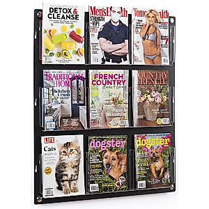 Displays2go Wall Mount Acrylic Brochure Holder, 9-18 Adjustable Pockets, Tiered Design - Black (2RP9BLK)