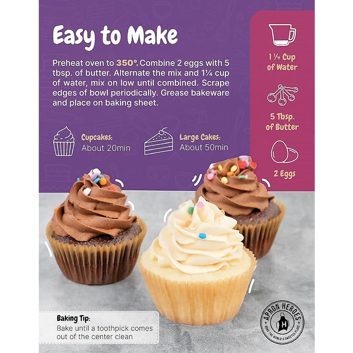 APRON HEROES - Organic Cake Mix, Chocolate, Vanilla, No Artificial Flavors, Homemade Taste, Delicious, Organic, & Natural Ingredients, Baking Mix, Cupcake Mix and, Cake Mix, Organic Food