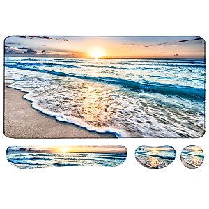 4-in-1 Large Gaming Mouse Pad, Keyboard Wrist Rest Pad & Wrist Support Mousepad Set, Extended Desk Pad Waterproof Desk Mat for Home Office Study Game-Beach