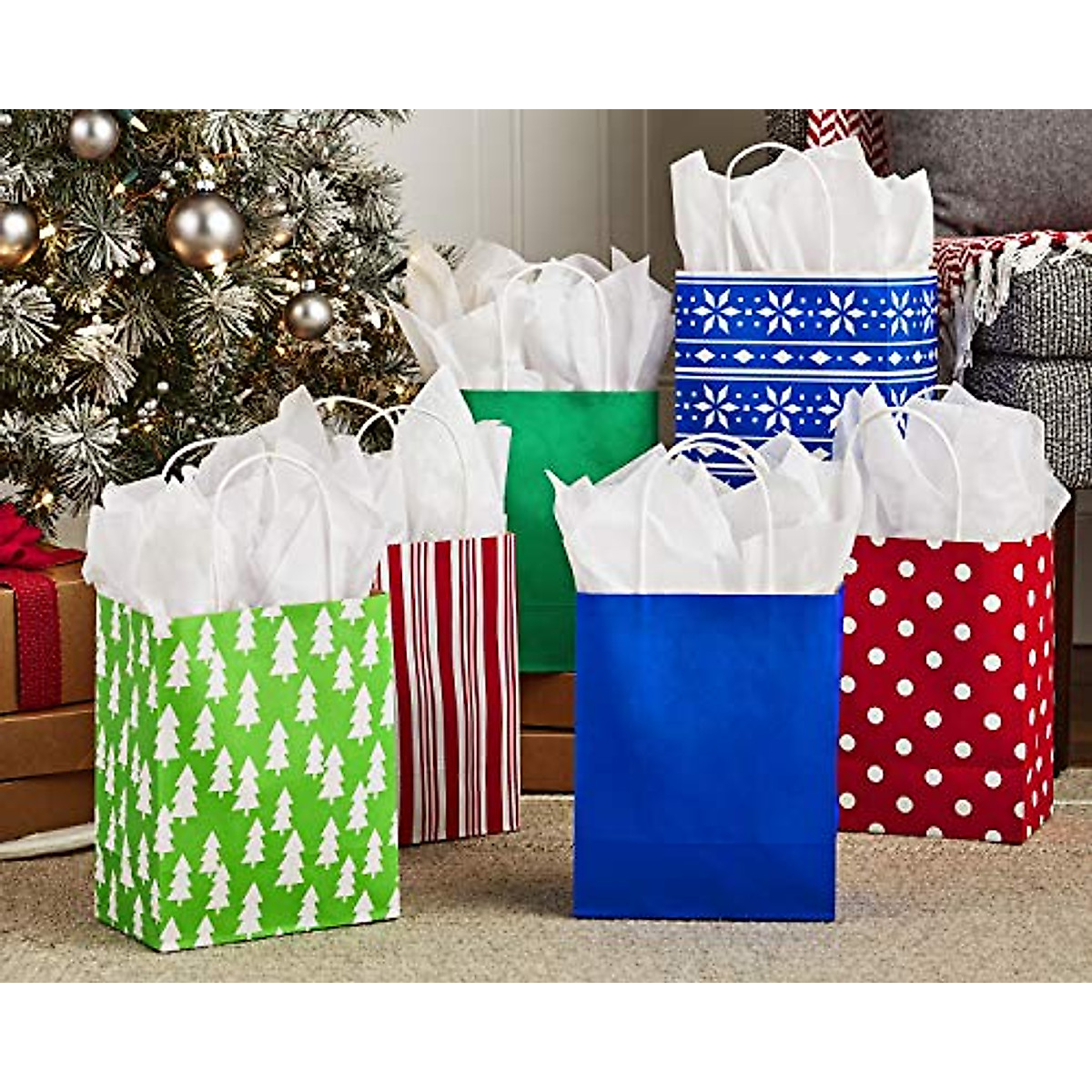 Hallmark 9" Medium Holiday Gift Bag Assortment (Pack of 12, Solids and Prints in Red, Green, Blue) Paper Gift Bags with Christmas Trees, Stripes, Polka Dots