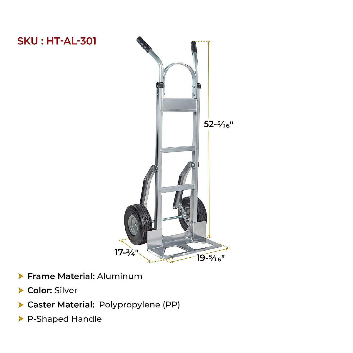Mytee Products 600 lbs Dual Handle Aluminum Hand Truck Heavy Duty Dolly with 10" Solid Caster Wheels - Large Hand Truck with Skid Bars - 52.3" x 17.5" with 19.3" x 7.5" Nose Plate