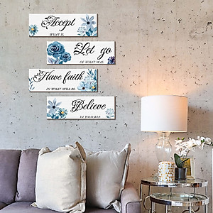 Joyhawk 4 Pieces Blue Flower Wall Decor For Bedroom, Accept-Let go-Have faith-Believe Wooden Inspirational Wall Art Decorations for Living Room Bathroom,Rustic Wooden Farmhouse Home Decor, 12 x 4 Inch