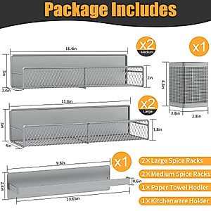 DTUQYX Magnetic Spice Rack for Refrigerator, 6 Pack Metal Magnetic Shelf Grey, Moveable Spice Organizer, Strong Magnetic Storage Fridge Organizer with Paper Towel Holder, Utensils Holder