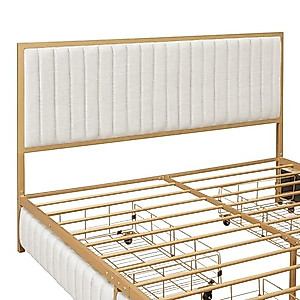 HBRR Queen Size Upholstered Bed with 4 Storage Drawers, Metal Platform Bed Frame with Button Tufted Headboard, Heavy Duty Mattress Foundation, No Box Spring Needed, Beige