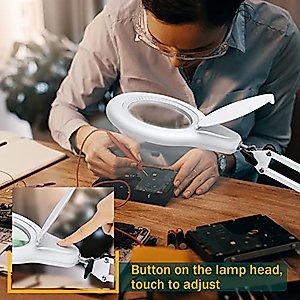 10X Magnifying Glass with Light and Stand, TOMSOO Real Glass LED Lighted Magnifier, 3 Color Modes Magnifying Lamp Stepless Dimmable, Adjustable Swing Arm Desk Lamp with Clamp for Reading Repair Crafts