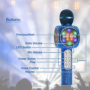 Mockins Blue Bling Karaoke Microphone for Kids | Wireless Mic with Voice Changer & LED Lights | Portable Microphone for Singing w/ Cable & Carry Case