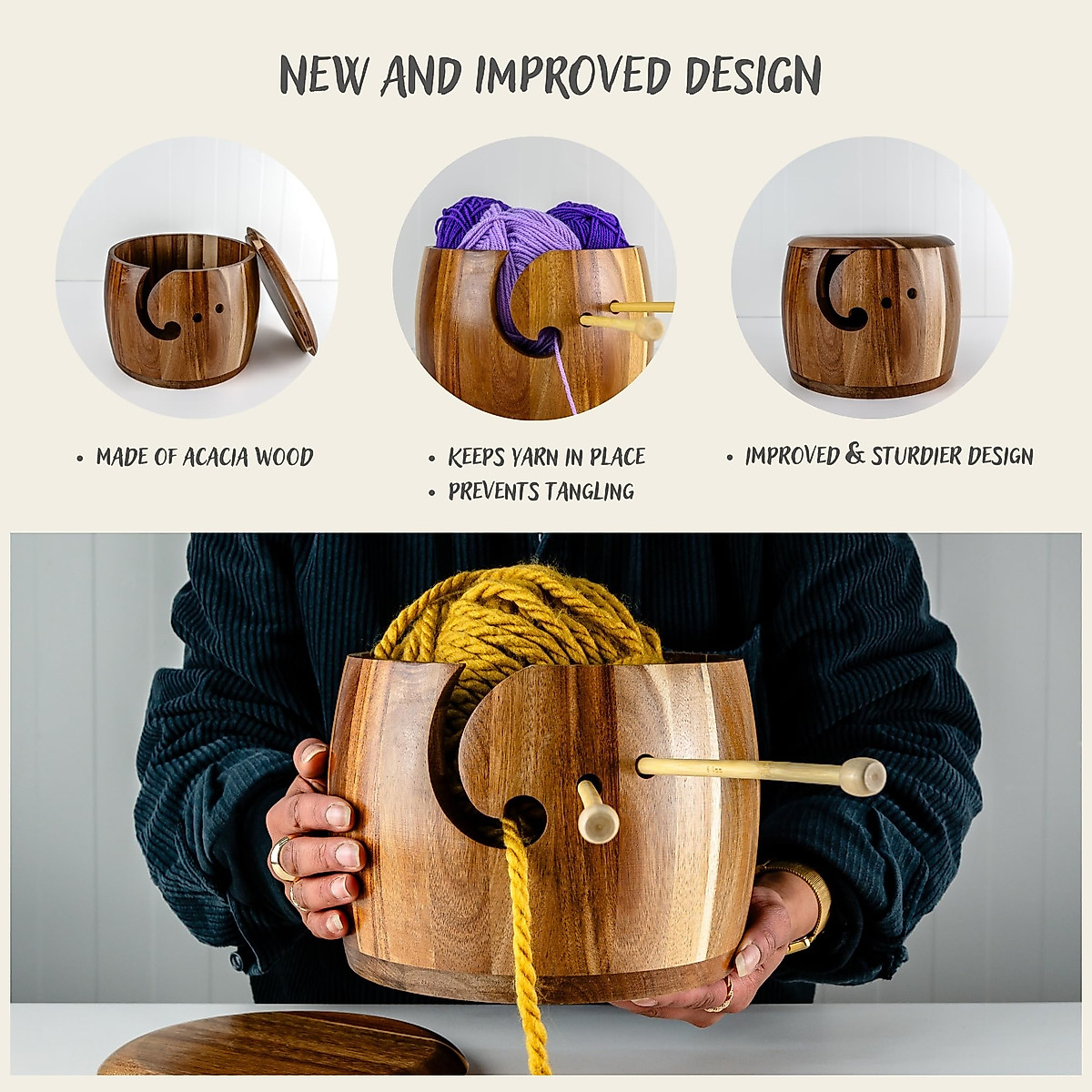 Tyck Design's Large Wooden Yarn Bowl with Lid - 9x7 Inch XL Acacia Wood Holder for Knitting, Crocheting & Macrame - Extra Big & Strong Yarn Storage